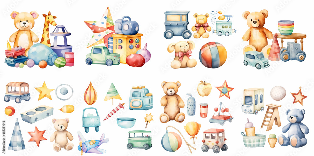 Cute toys clipart set for preschool kids isolated on a white background ...
