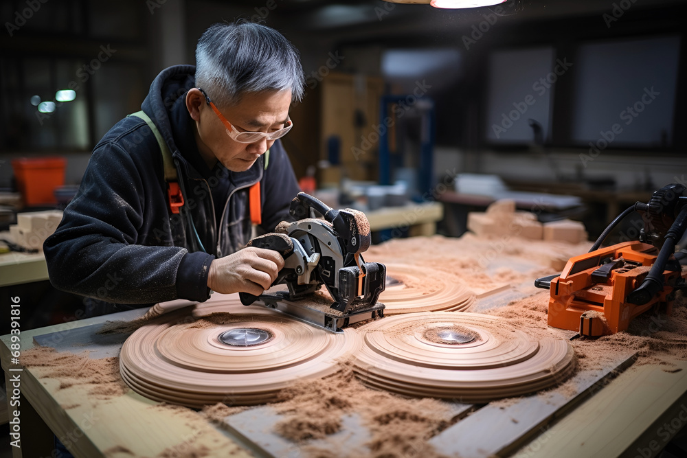 Industry wood turners measure and calculate right size of workpiece ...