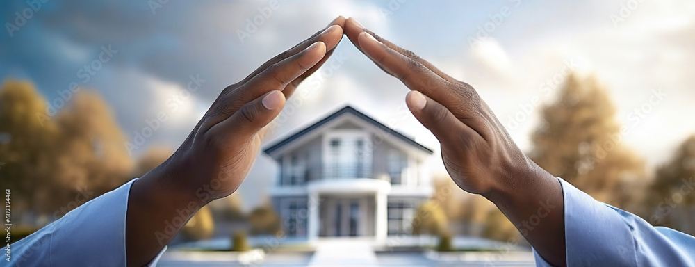 Caring Hands Guarding a Model Home. Concept of Protection Property ...