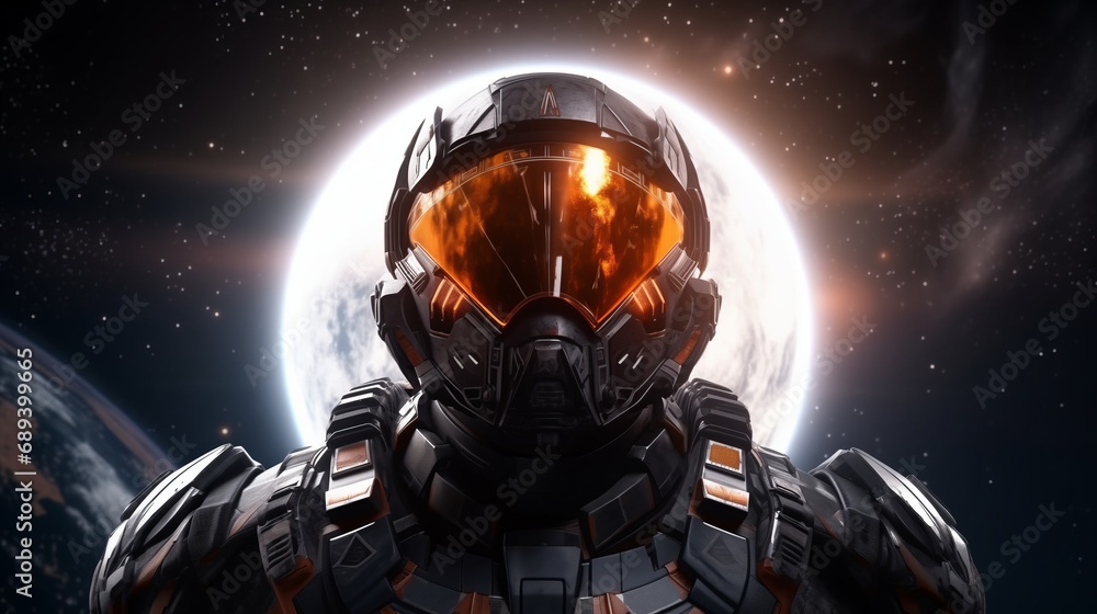 Infinite black outer space. an astronaut in a futuristic space suit ... Infinite black outer space. an astronaut in a futuristic space suit ...