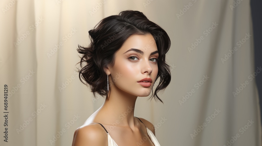 Female model, fully shown ear close up, sleek hairstyle, studio photo ...
