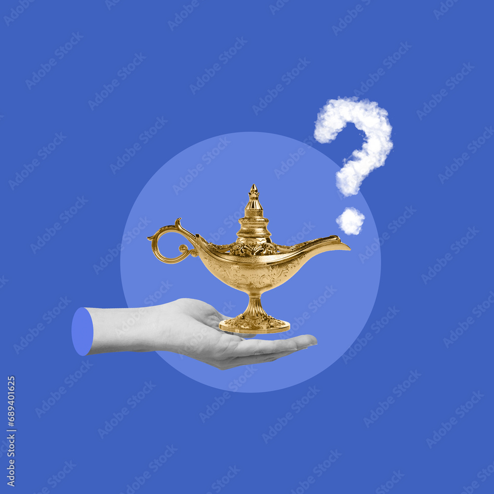 Hand with genie lamp, question mark in smoke, Fog on the road ...