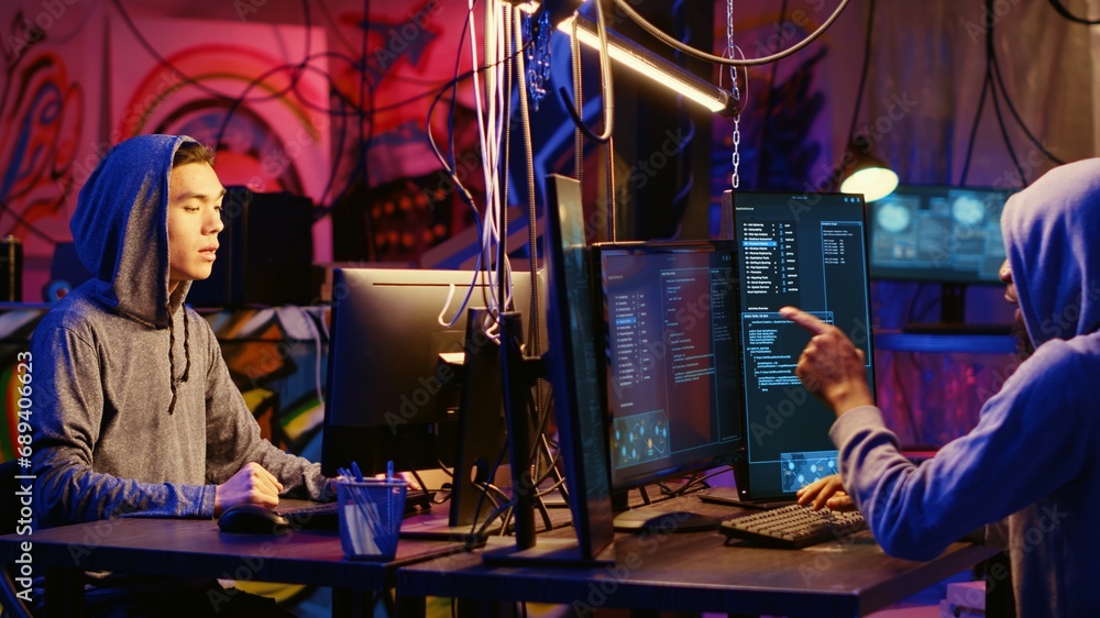 New member in hacking group asking mentor for help in underground hideout. Script kiddie ...