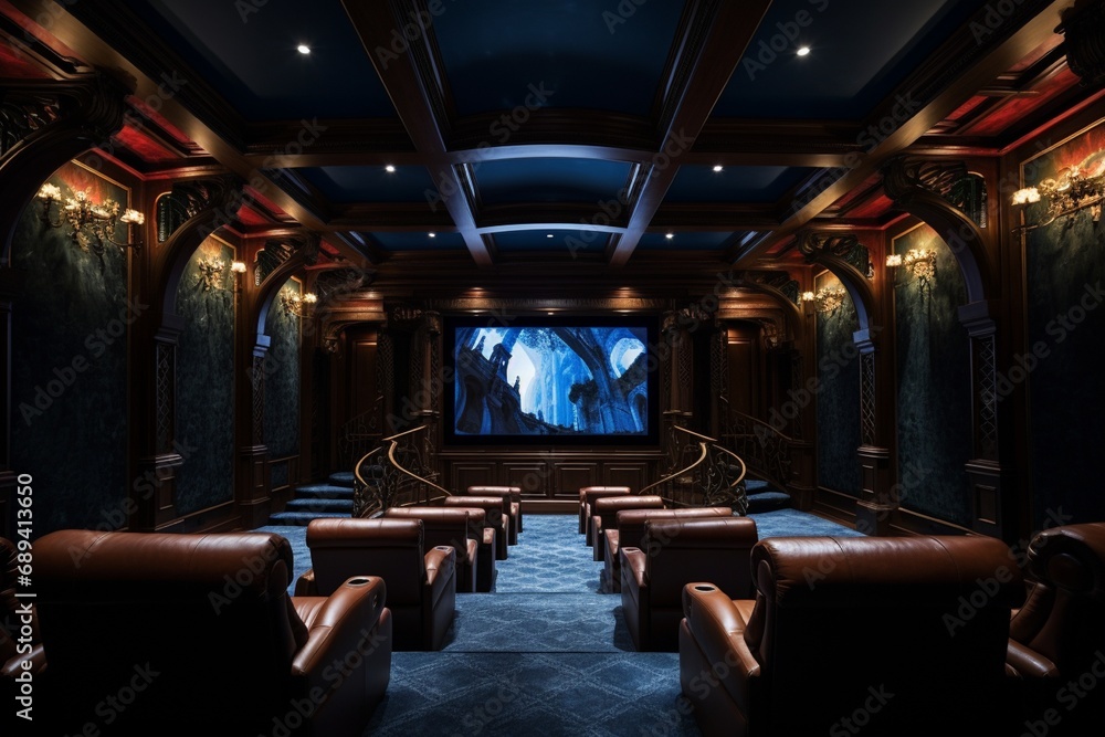 An extravagant home theater featuring plush reclining seats, a massive ...