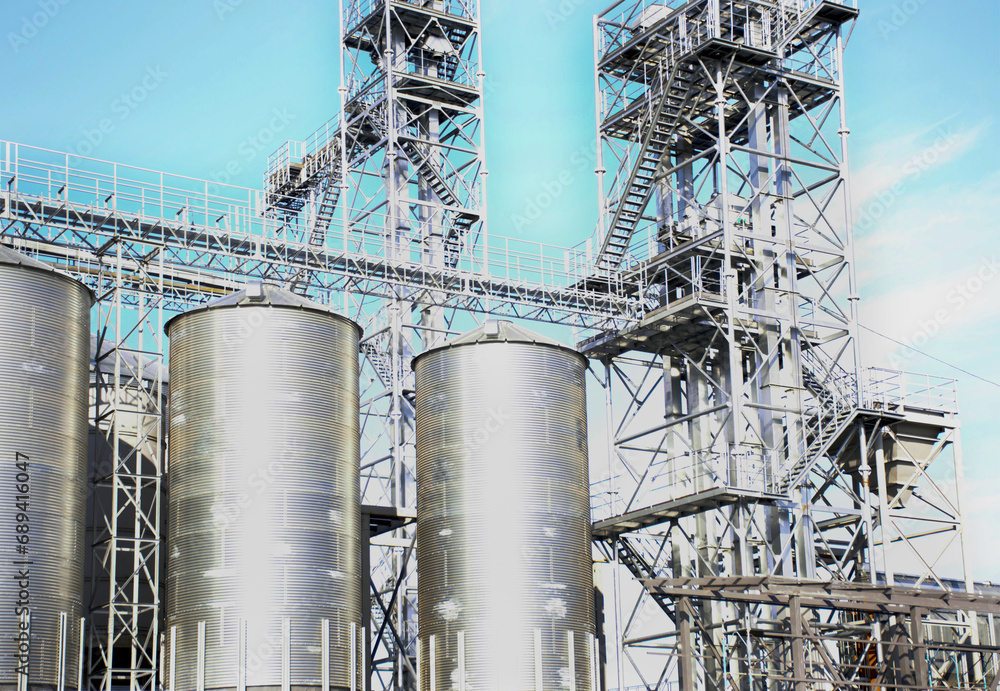 large metal containers of a modern elevator for drying and storing ...