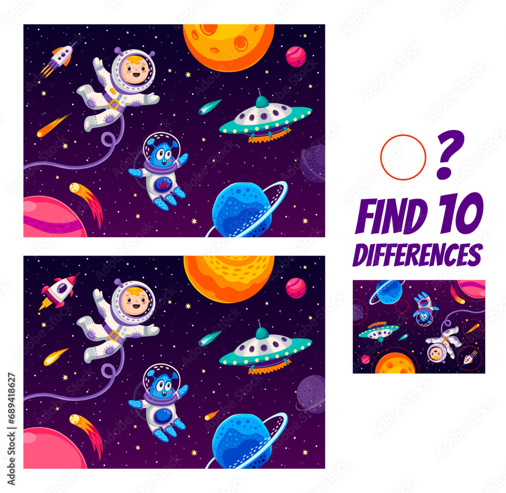Find ten differences on space landscape. Astronaut and alien in outer ...