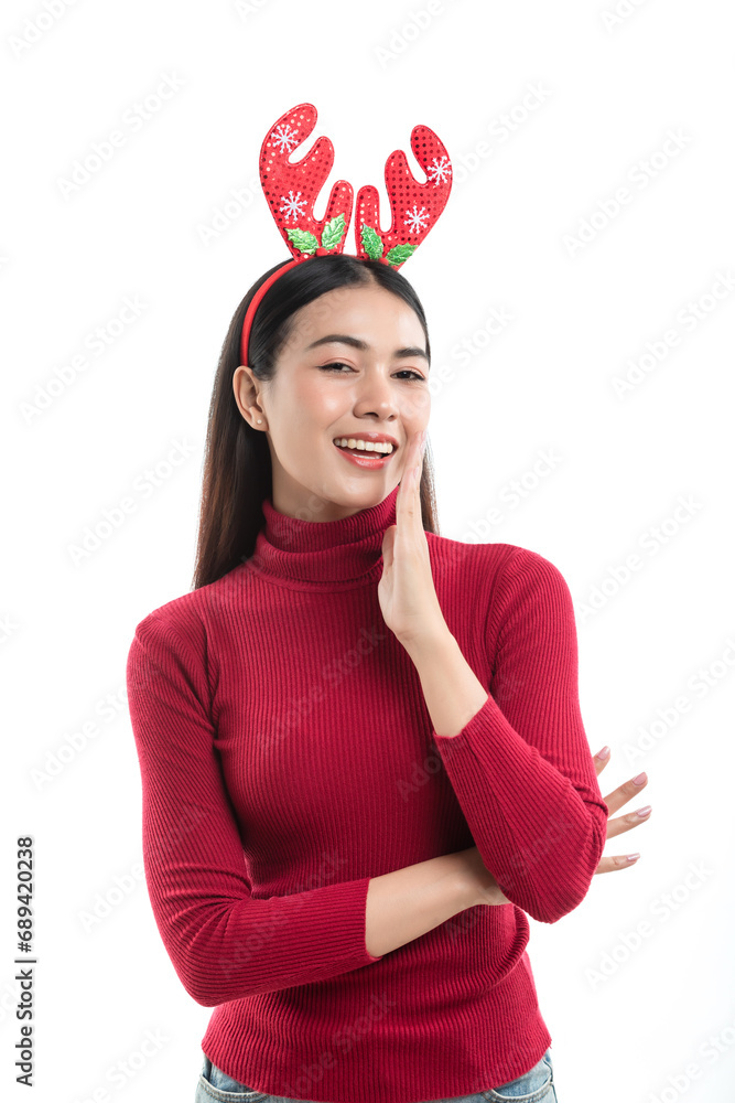Pretty Asian Woman In Red Christmas Theme Costume Wear Reindeer Horns