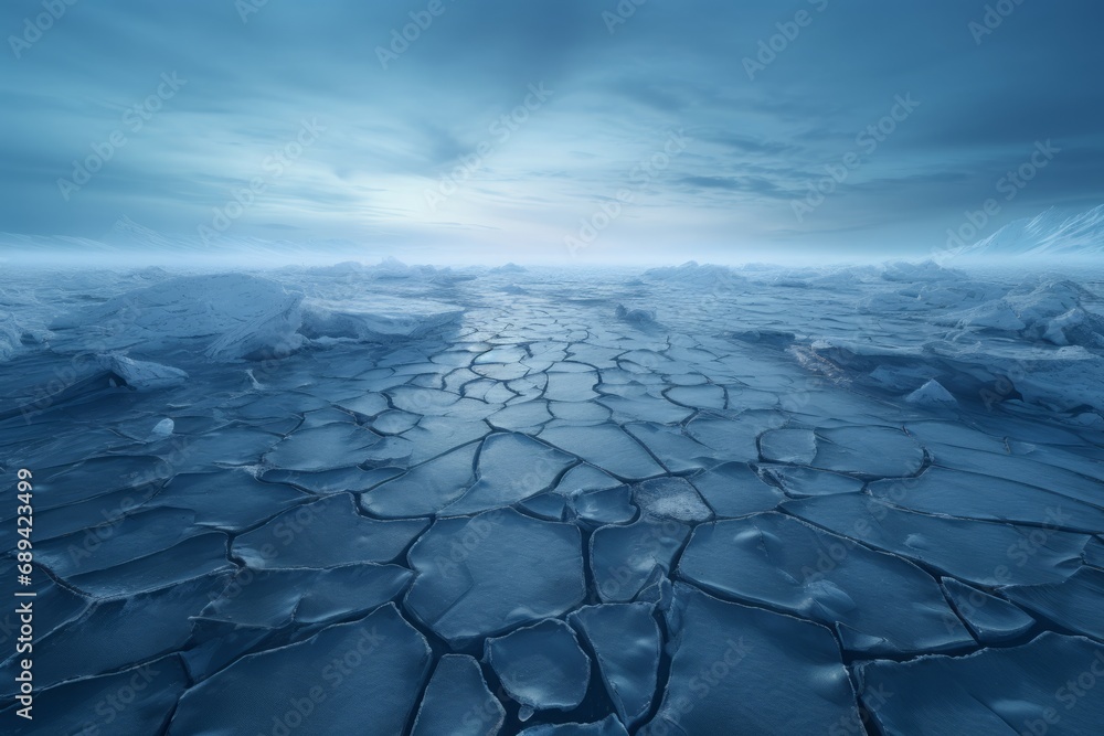 Expansive frozen landscape with cracked ice, under a dramatic twilight ...