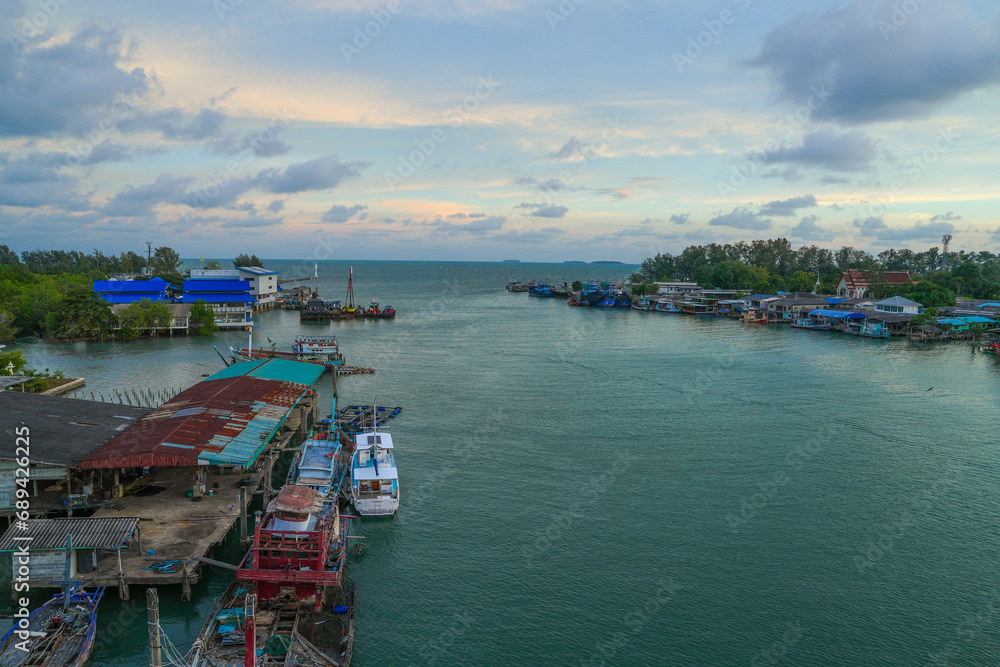 the panorama view landscape of Sea Gulf with a pier of boats. The ...
