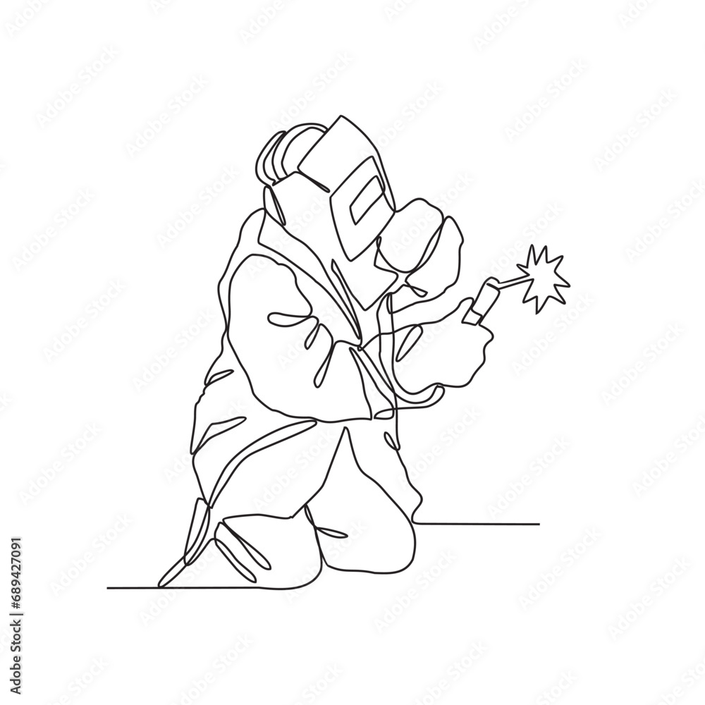 One continuous line drawing of a welder using welding machine in the ...