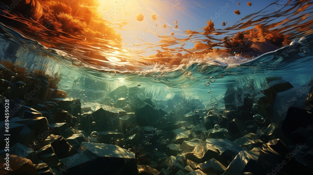 Dynamic underwater view with sun rays beaming through the water ...