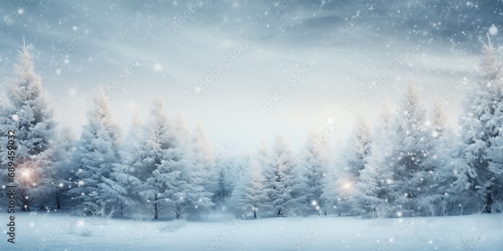 A magical winter scene with snow-covered pine trees standing tall under ...