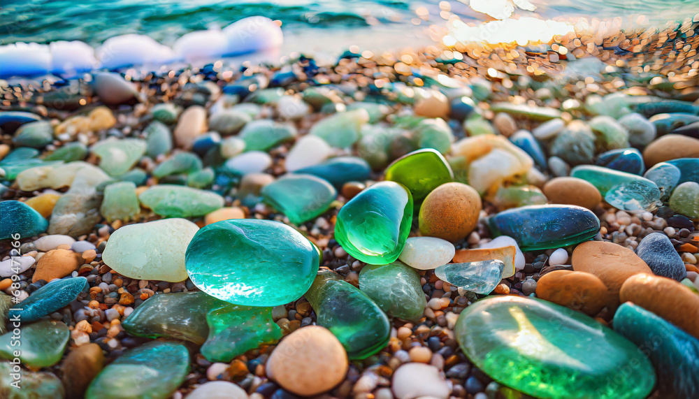 gemstones and sea glass glisten on the sandy beach, showcasing nature's ...