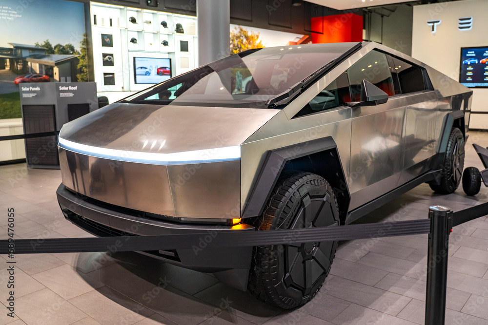 New Tesla Cybertruck at the Tesla showroom at the Santana Row, San Jose ...