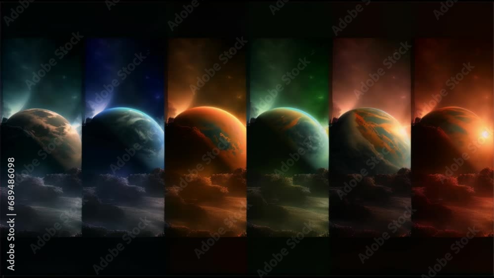 six panels depicting the evolution of planets at different stages Stock ...