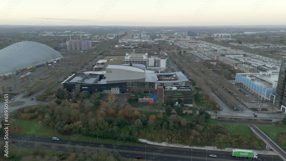 An aerial view of Milton Keynes town centre at dawn, Buckinghamshire ...