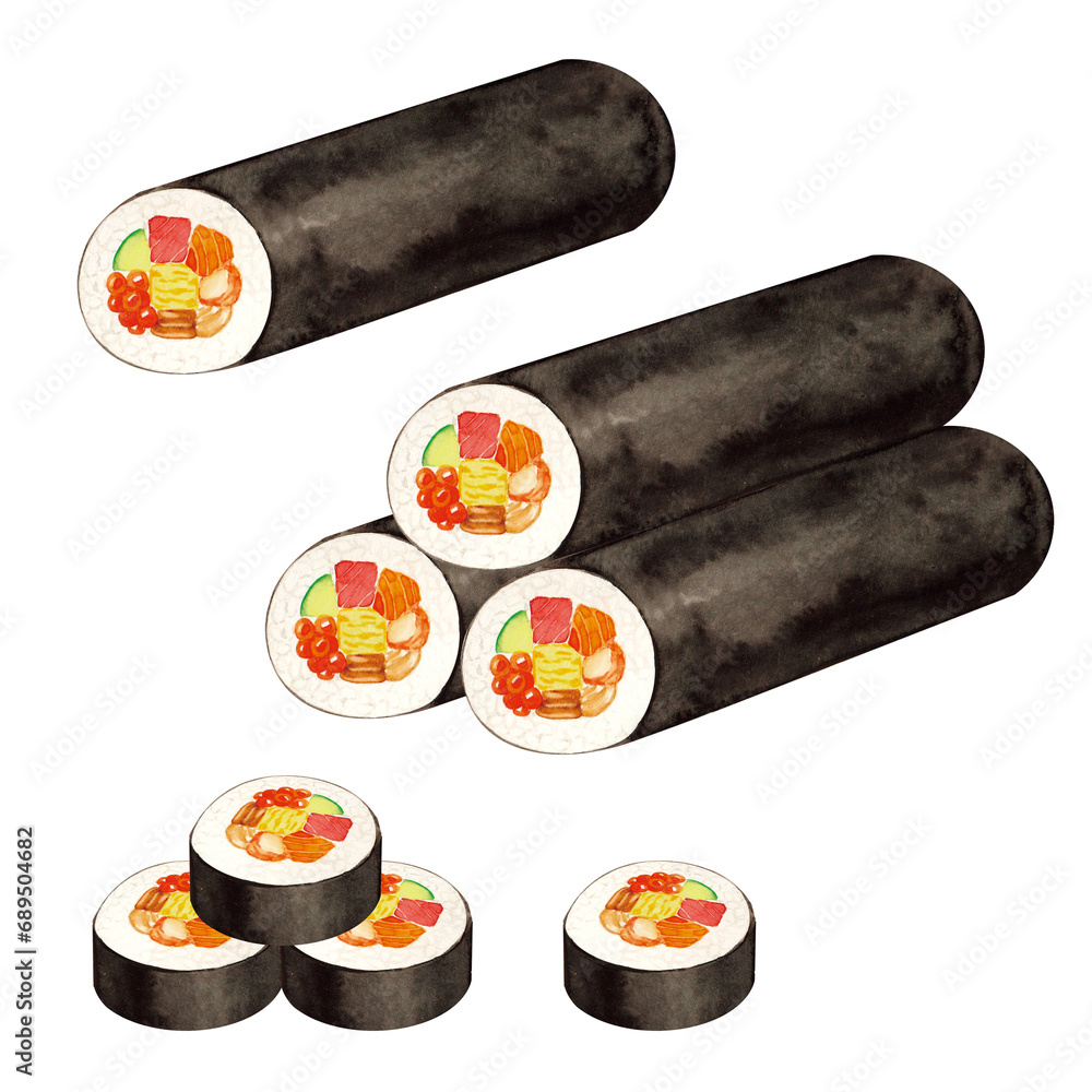 水彩で描いたリアルで美味しそうな巻き寿司のイラスト Stock 일러스트레이션 | Adobe Stock