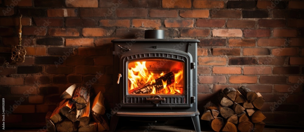 Fire-wood burning in wood-fired stove, rack in front of brick wall ...