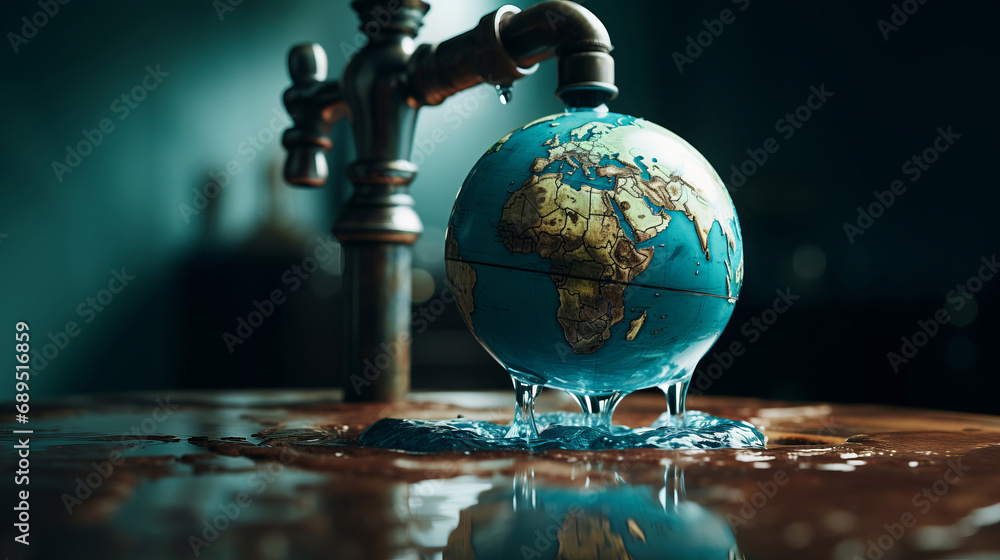 Water, planet Earth, and conservation concept for saving water. Flowing ...