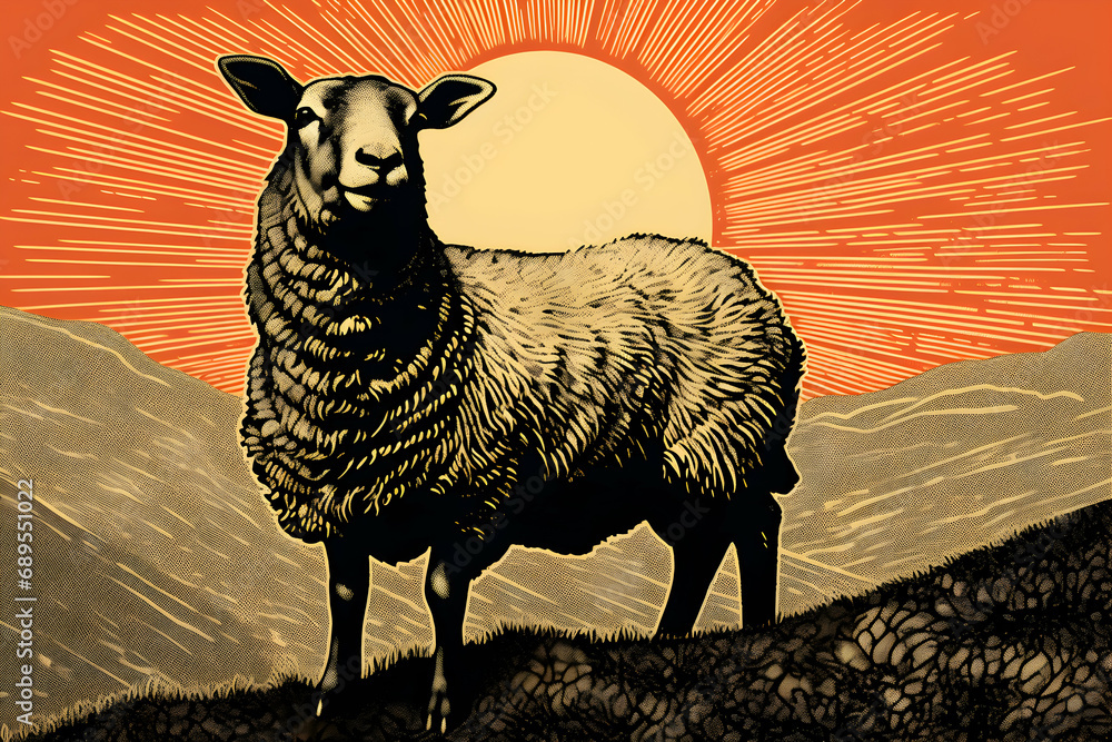 sheep on a hill stock image, in the style of vintage poster design ...