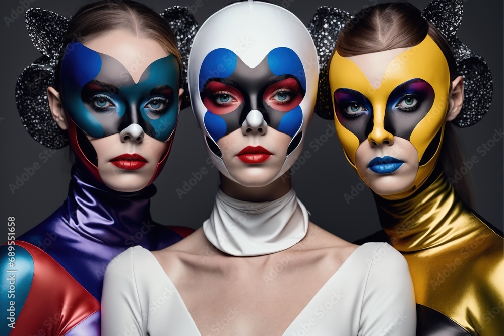 Fashion portrait of females wearing masquerading masks and costumes ...