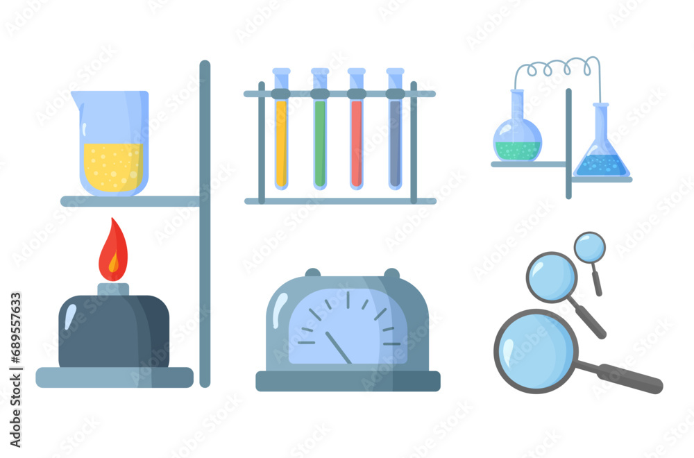 Equipment for chemical laboratory. Set of lab tools. Chemistry glass ...