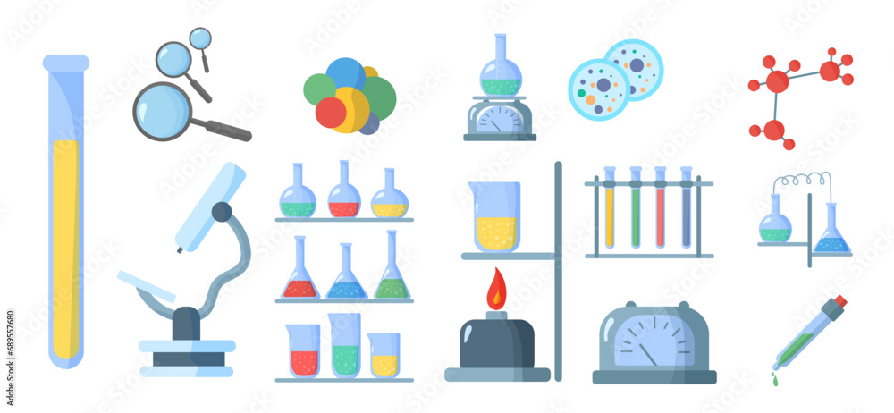 Equipment for chemical laboratory. Set of lab tools. Chemistry glass ...