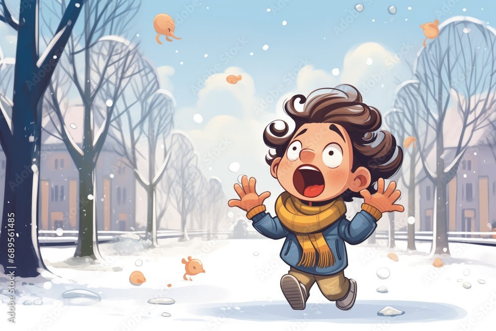 cartoon child with tongue out catching snowflakes in a park Stock ...
