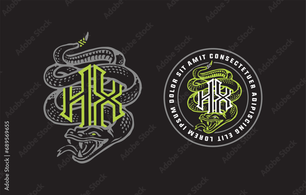 snake illustration with monogramlogo for clothing and apparel brand ...