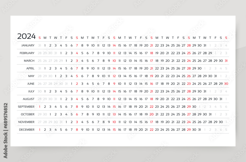 Calendar 2024 year. Linear planner template. Horizontal yearly calender ...