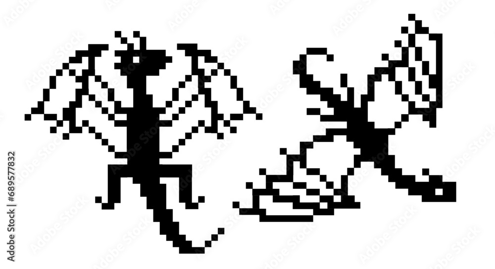 Set of black outline pixel flying dragons isolated on white. Pixel art ...