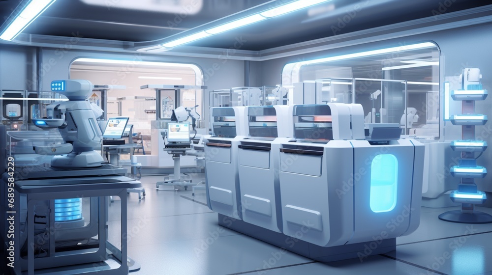 Foto de an organized scene of a hospital pharmacy automation room ...