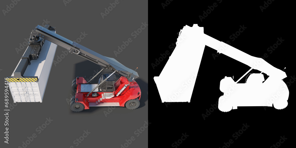 The red reach stacker (loader) lifts and loads a white sea container ...