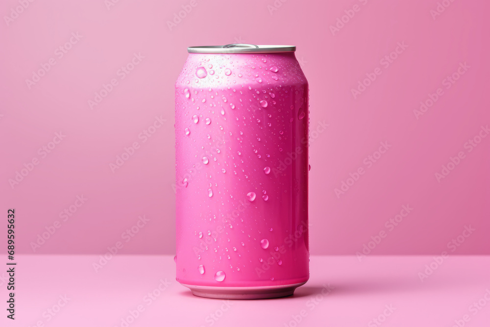 Pink aluminum can without label with water drops isolated on pink empty ...