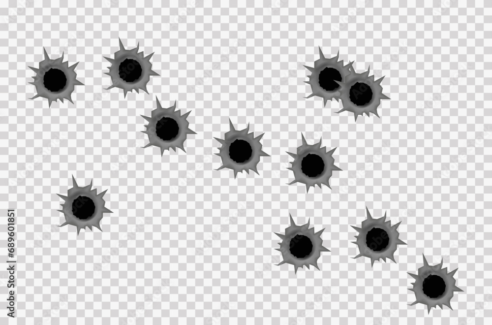 Realistic bullet holes from a firearm in a metal plate are isolated on ...
