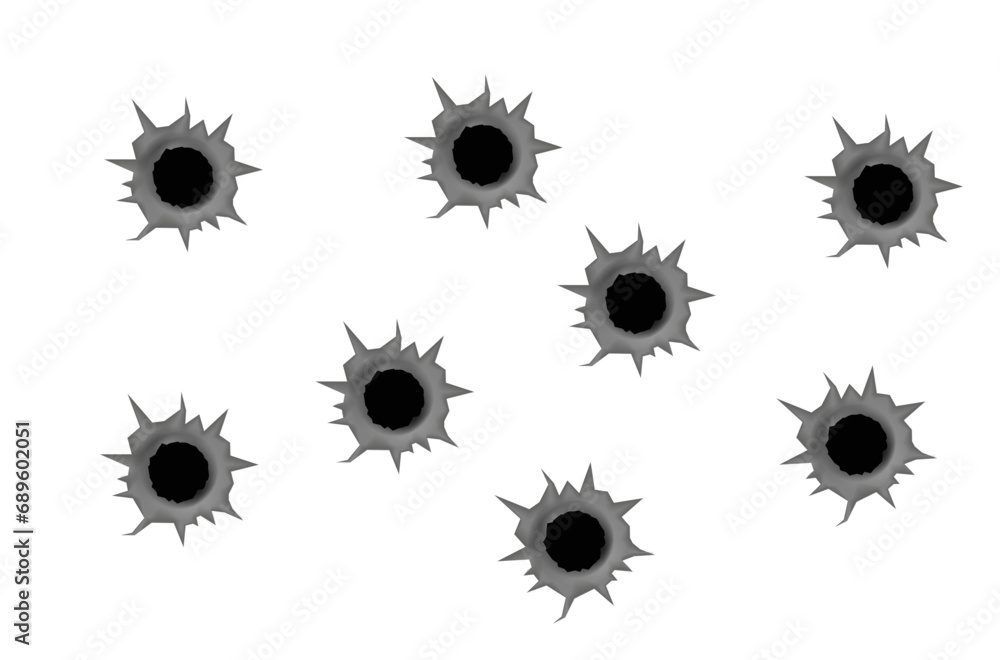 Realistic bullet holes from a firearm in a metal plate are isolated on ...
