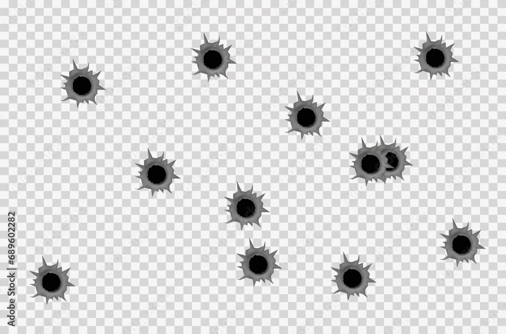 Realistic bullet holes from a firearm in a metal plate are isolated on ...