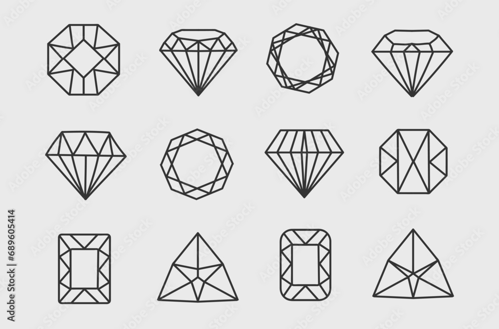 Set of diamonds in flat style. Linear outline sign. Vector icon logo ...