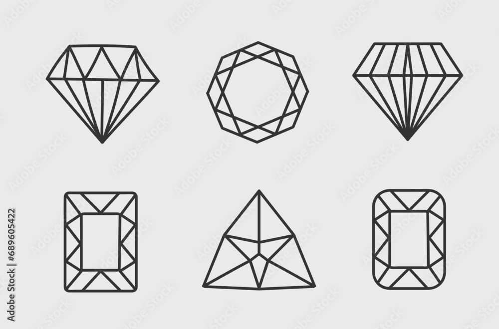 Set of diamonds in flat style. Linear outline sign. Vector icon logo ...