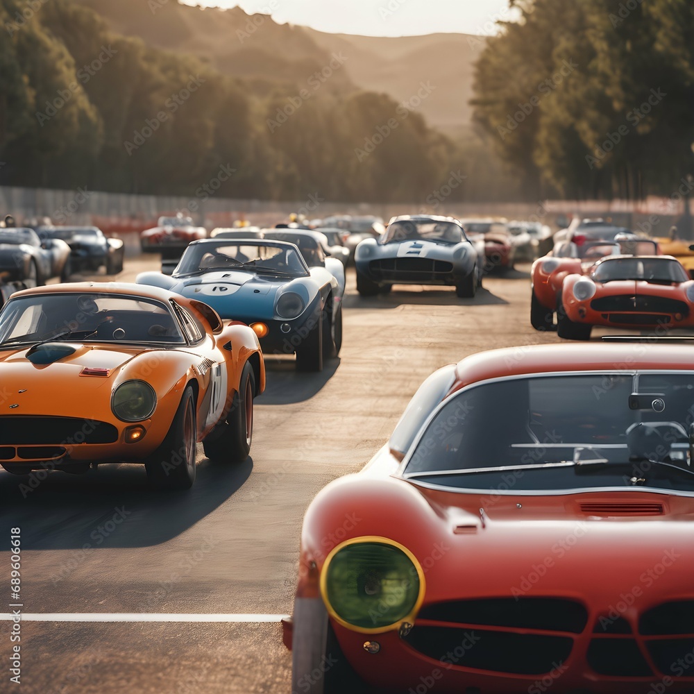 Vintage race cars lined up on a grid, ready to start a classic car race ...