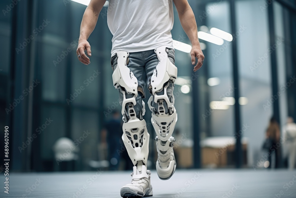 Man walking with Futuristic Cyber Prosthetic Leg, Modern technology in ...