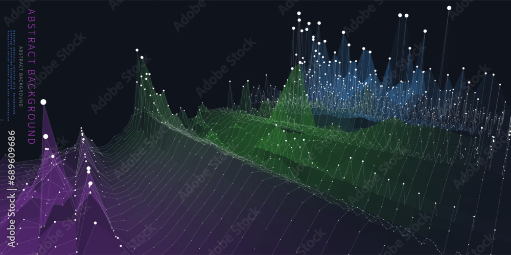 Abstract background noisy polygonaly graph in lines and dots on dark. Technology wireframe ...