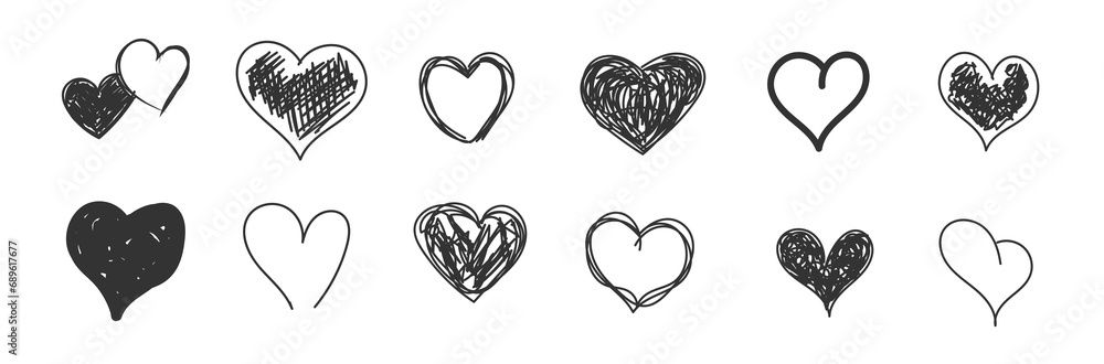 Handdrawn rough marker hearts. Black heart hand drawn. Icon cute doodle ...