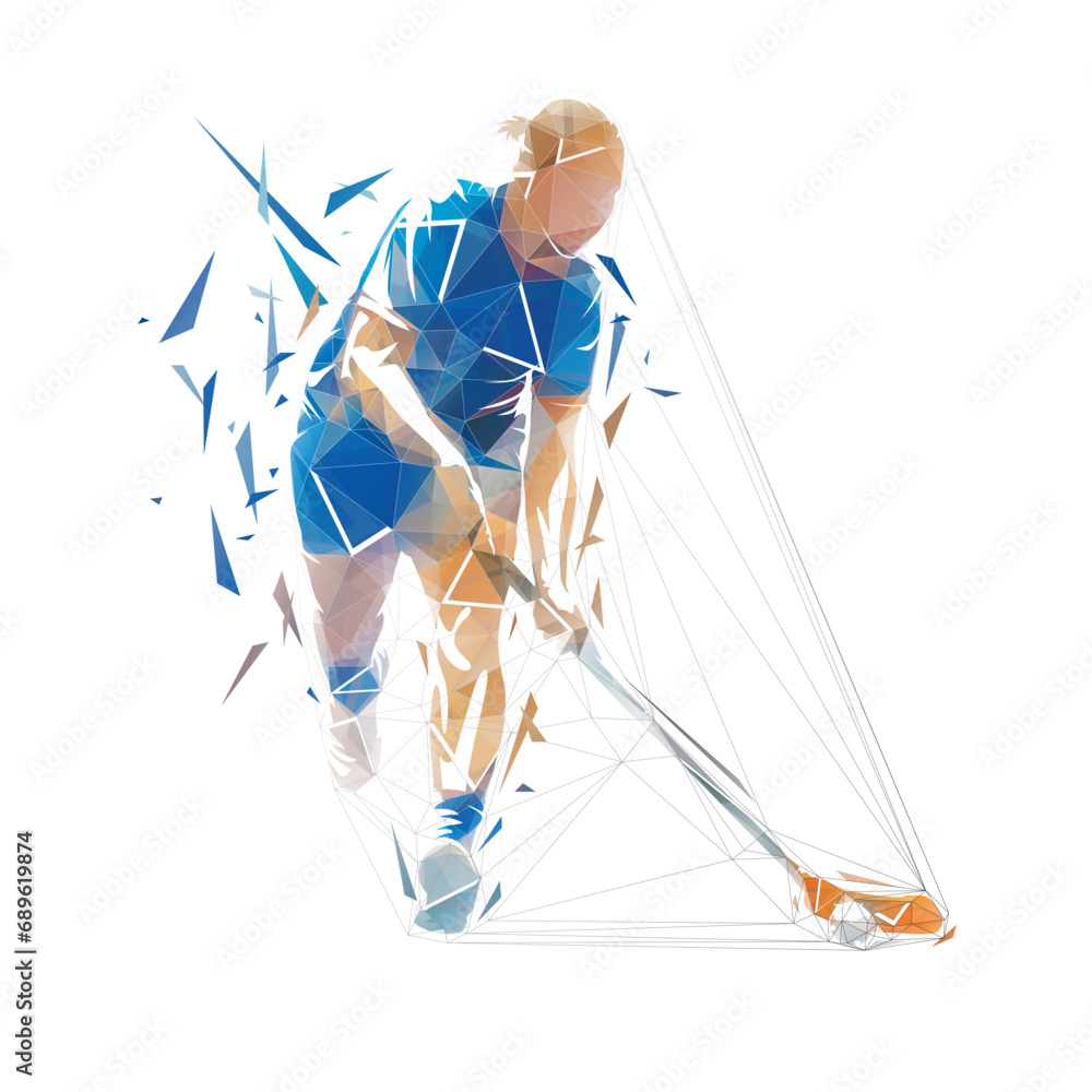Floorball, woman playing floorball and running with ball, low poly ...