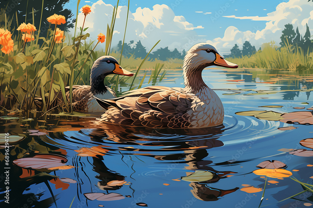 Nostalgic pixel art scene featuring ducks swimming in a pixelated pond ...