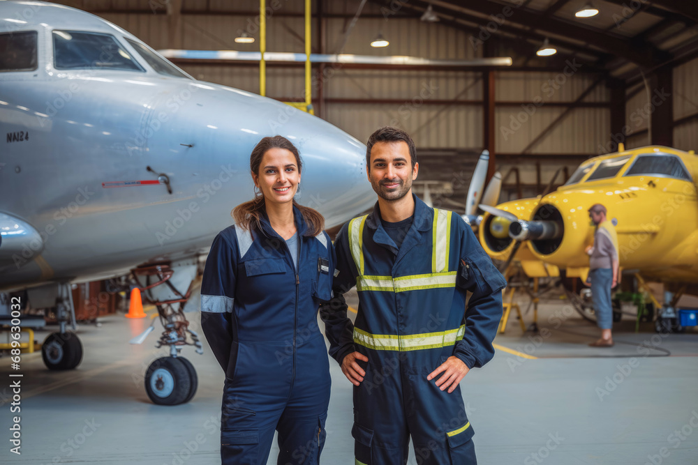Airplane mechanics in yellow vest in front of the plane in hangar ...