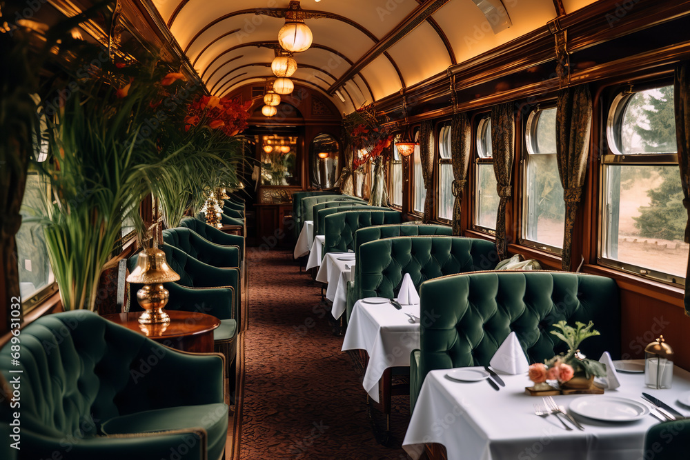 A luxurious dining car on a classic train - offering passengers a fine ...
