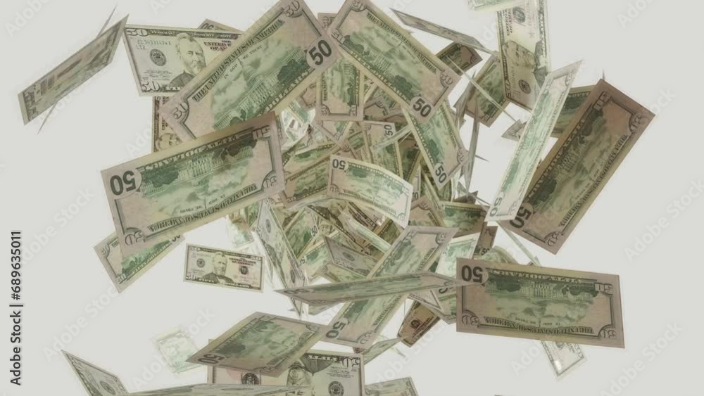 An array of American one hundred dollar bill notes falling through the ...
