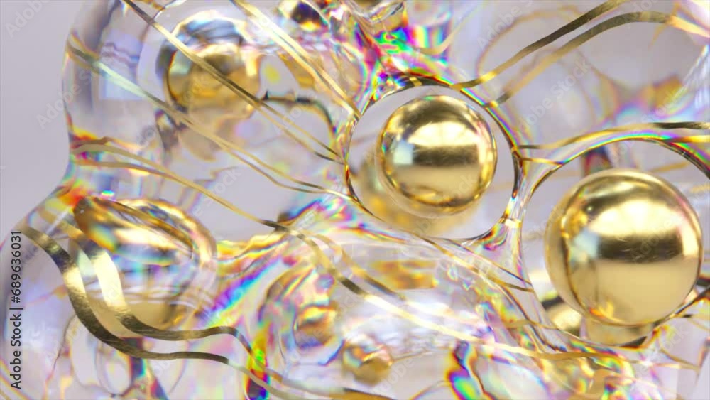 Abstract translucent bubble cluster with golden cores, 3D animation ...