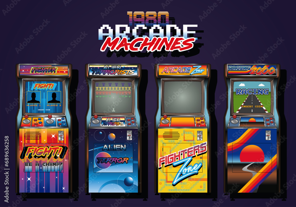 1980s Electronic Video Game Arcade Machines, 8 bit Shooter, Racing ...
